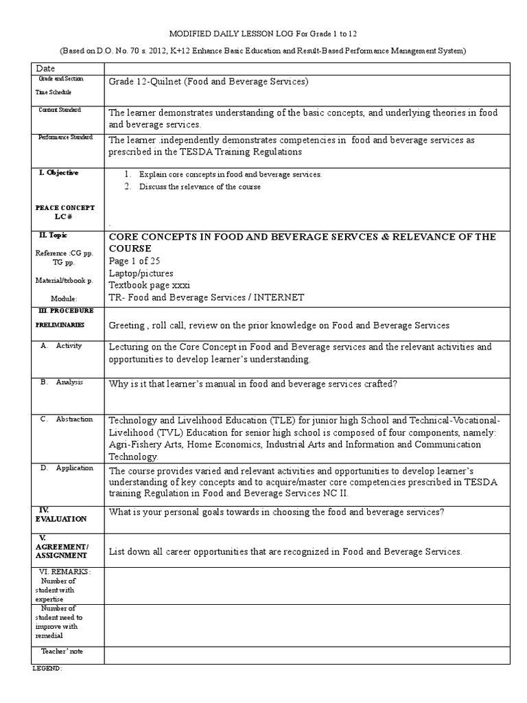Food & Beverage Services Modified DLL 2 | PDF | Restaurants | Teachers