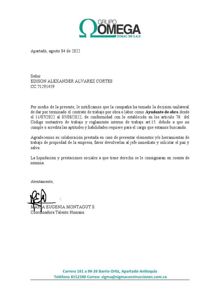 Carta Terminacion Contrato Por Periodo de Prueba | PDF