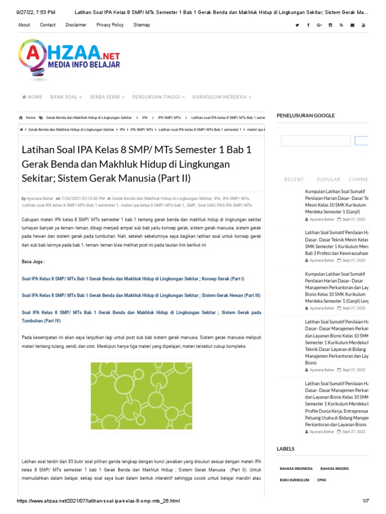 Latihan Soal IPA Kelas 8 SMP - MTs Semester 1 Bab 1 Gerak Benda Dan Makhluk Hidup Di Lingkungan ...
