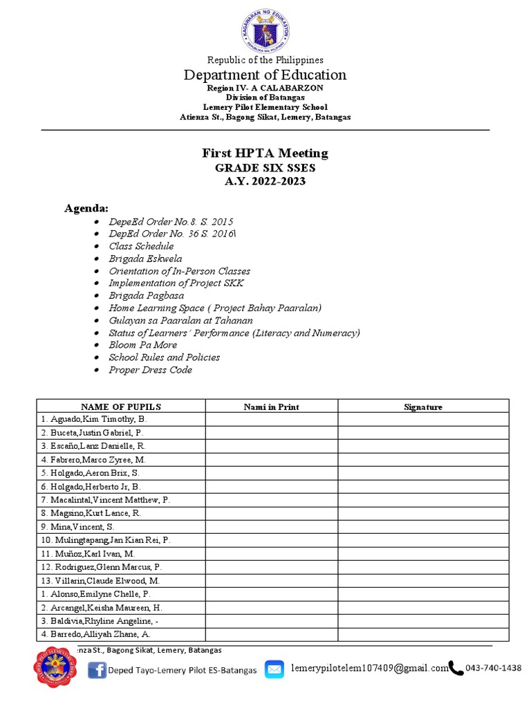 First HPTA Meeting Agenda 2022-2023 | PDF