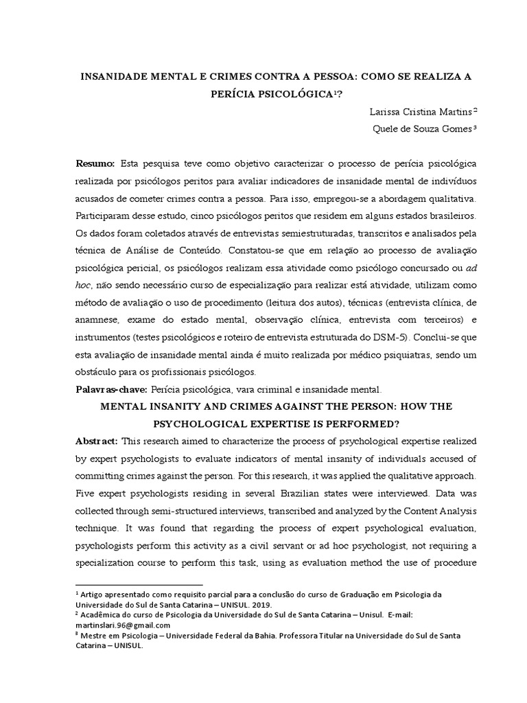 Insanidade Mental e Crimes Contra A Pessoa - Como Se Realiza A Perícia ...
