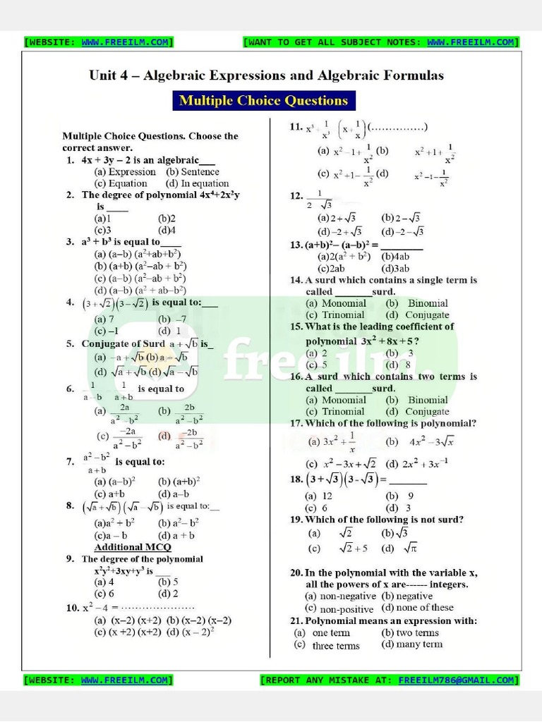 9th Math, Ch 4, MCQs | PDF