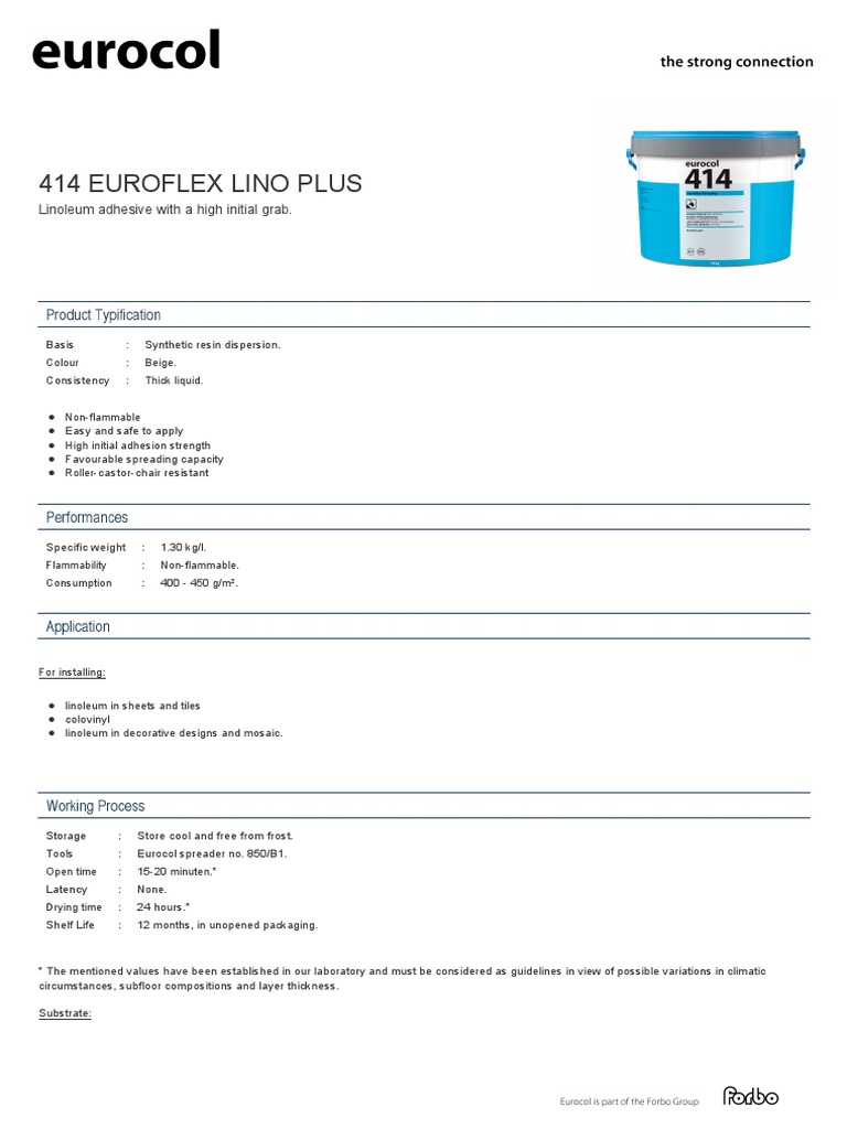 414 Euroflex Lino Plus - Technical Specs | PDF | Adhesive | Flooring