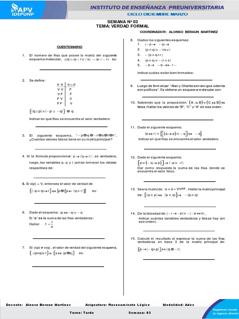 Verdad Formal Idepunp Ades - Ejercicios Alumnos | PDF | Proposición | Verdad