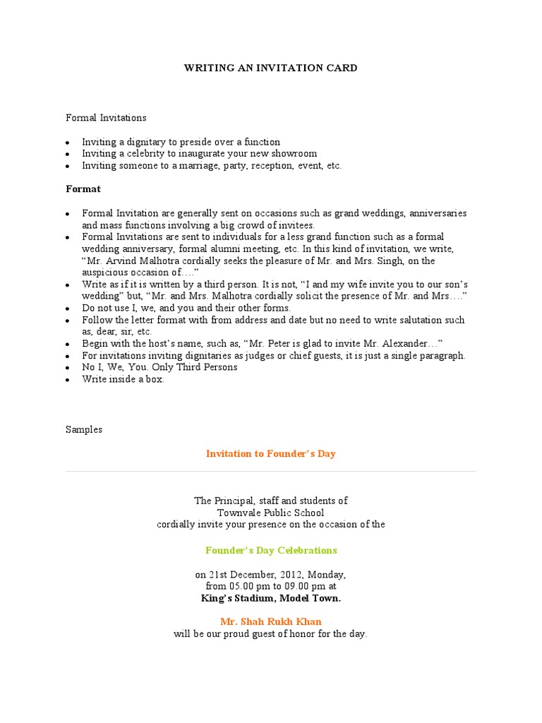 Writing An Invitation Card | PDF