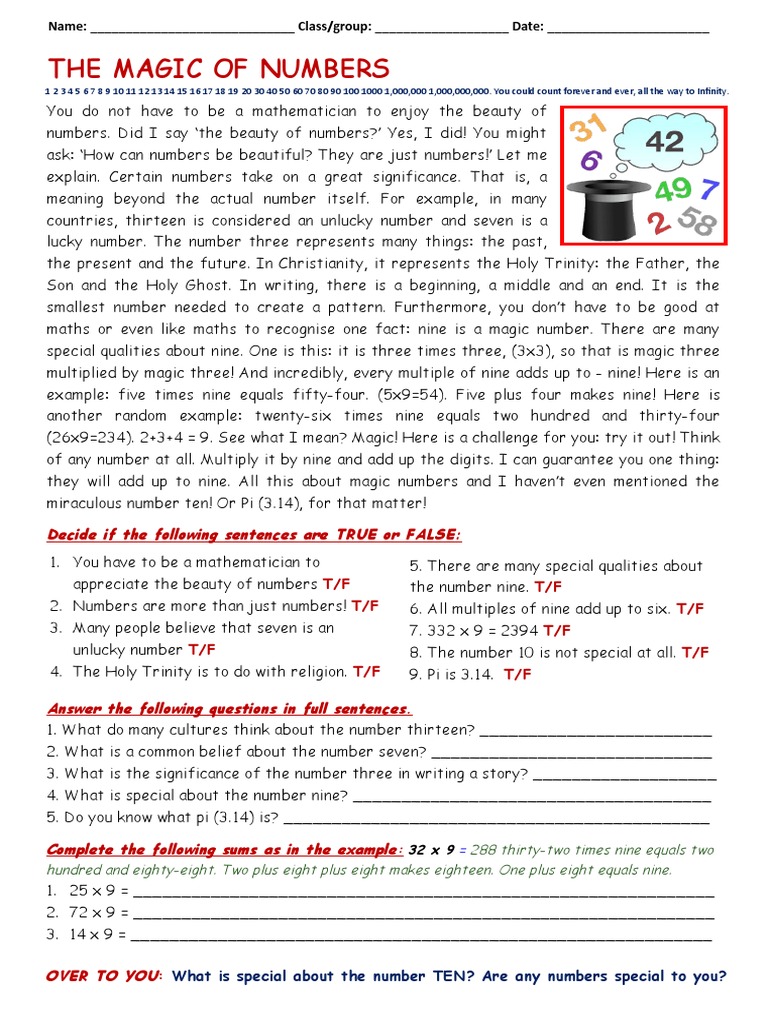 The Magic of Numbers Reading Comprehension Exercises - 128325 | PDF ...