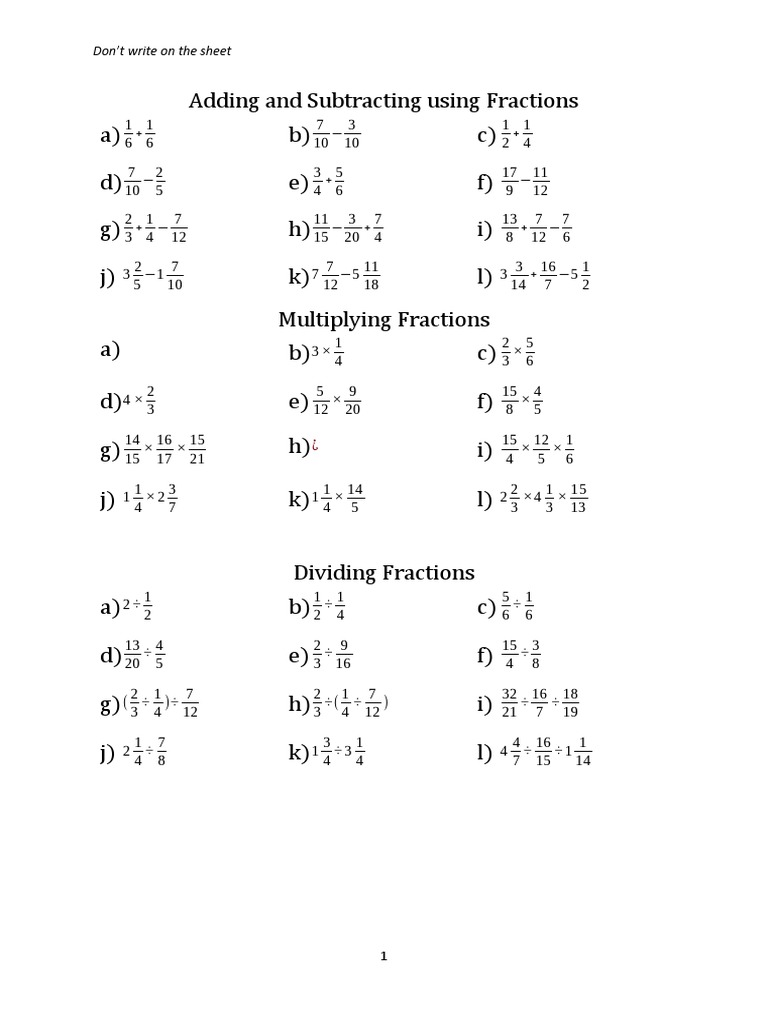 Fractions Worksheet | PDF | Chemistry | Applied And Interdisciplinary ...