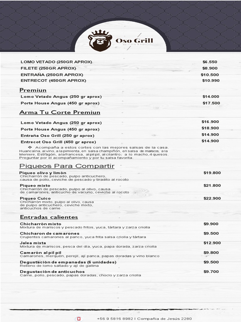 Menú Oso Grill: Cortes y Especialidades | PDF | Mariscos | filete