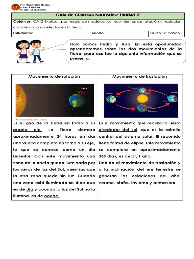 Movimientos de la Tierra para 3° básico | PDF | Tierra | Sistema solar