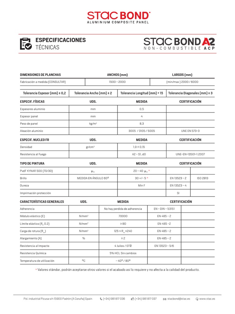 Stacbond - A2 - Especificaciones Técnicas - Es | PDF | Materiales de construcción | Sustancias ...