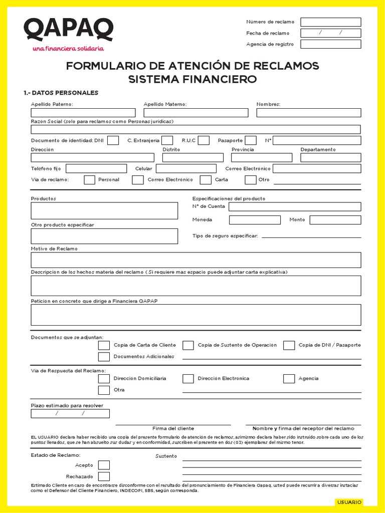 Formulario de Atencion de Reclamos - Sistema Financiero Nov17 | PDF ...