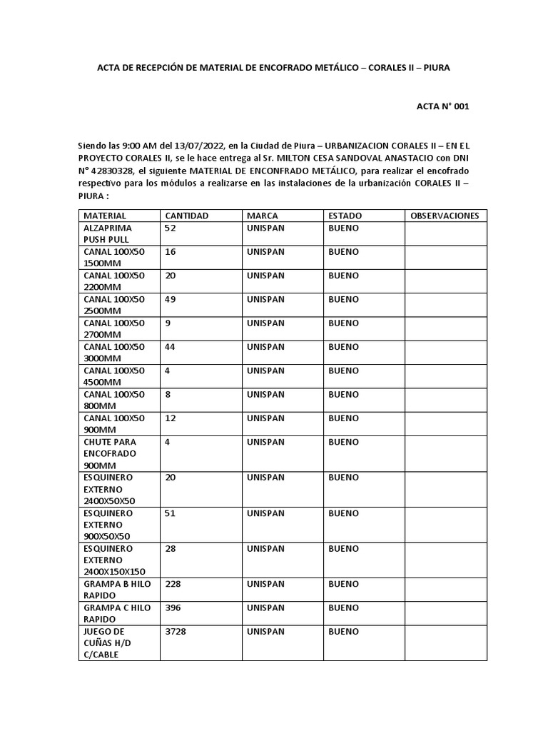 Acta de Recepción de Material de Encofrado Metálico | PDF