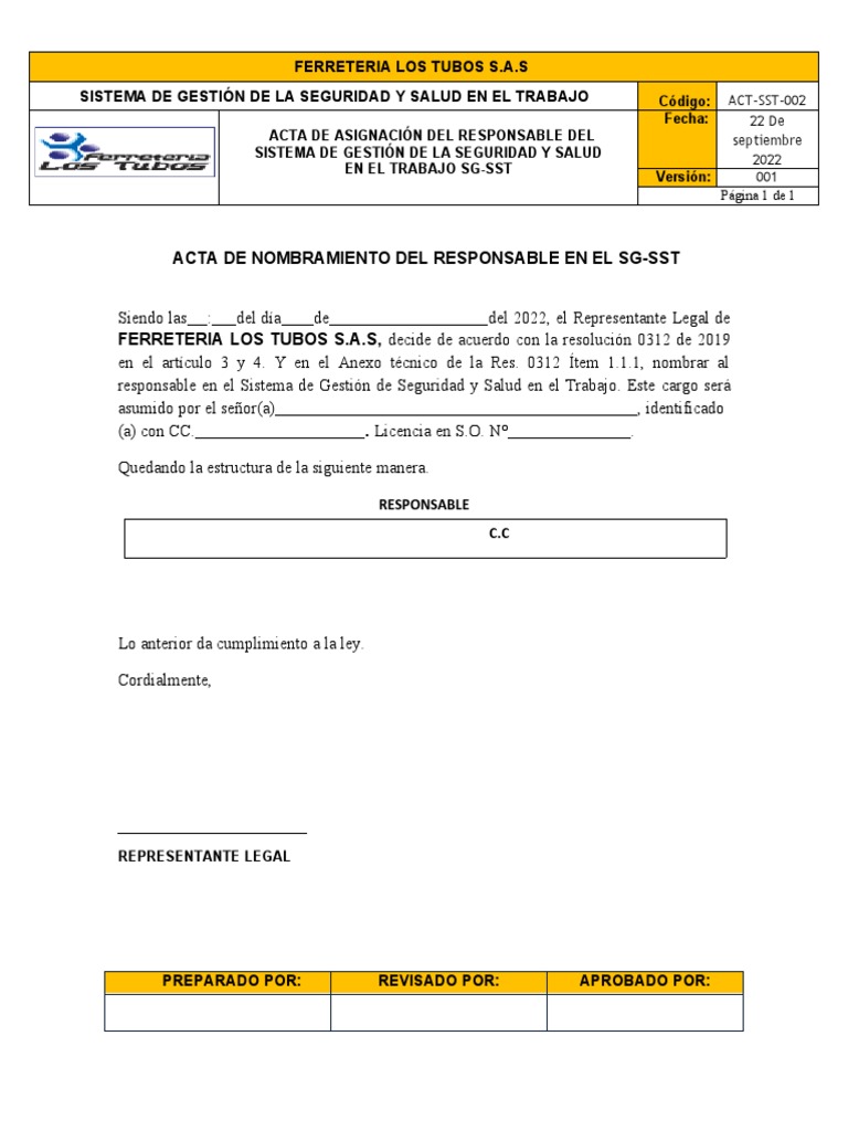 ANEXO.3. ACT-SST-002 Acta de Asignacion Del Responsable SGSST | PDF ...