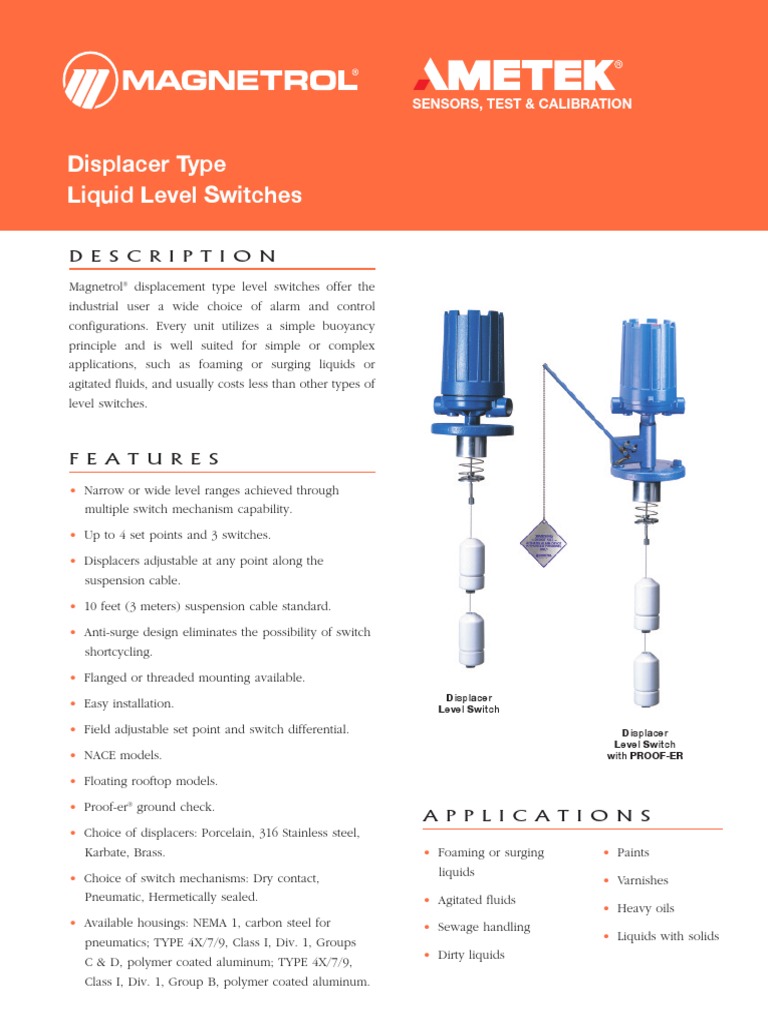 45-115 Displacer Type Liquid Level Switches | PDF | Switch | Buoyancy