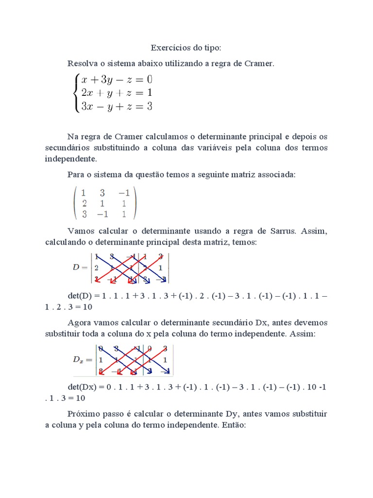 Atividades Sistema Pelo Método de Cramer | PDF