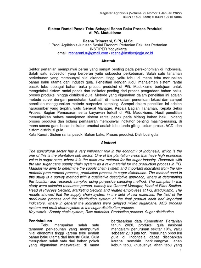 Sistem Rantai Pasok Tebu Sebagai Bahan Baku Proses Produksi Di PG. Madukismo Resna Trimerani, S ...