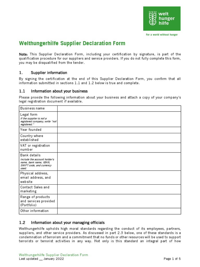 RFT 307512 - Annex 6 Supplier Declaration Form | PDF | Money Laundering ...