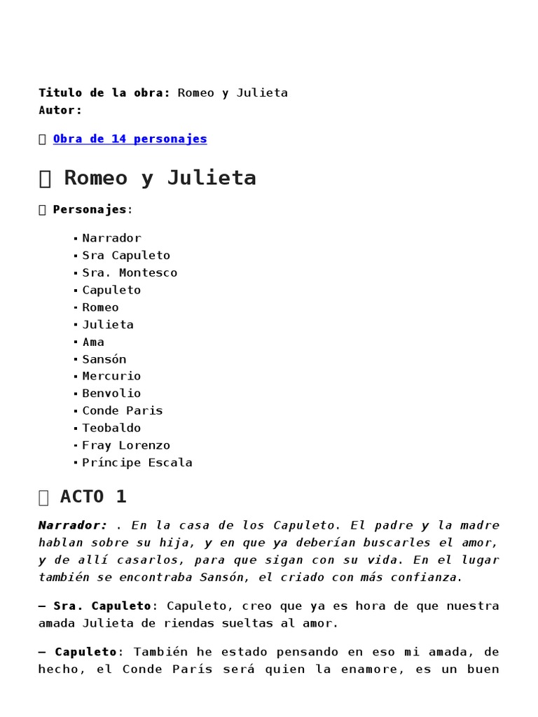 Romeo y Julieta Obra de Teatro Corta, Guion Teatral | PDF | Romeo y Julieta