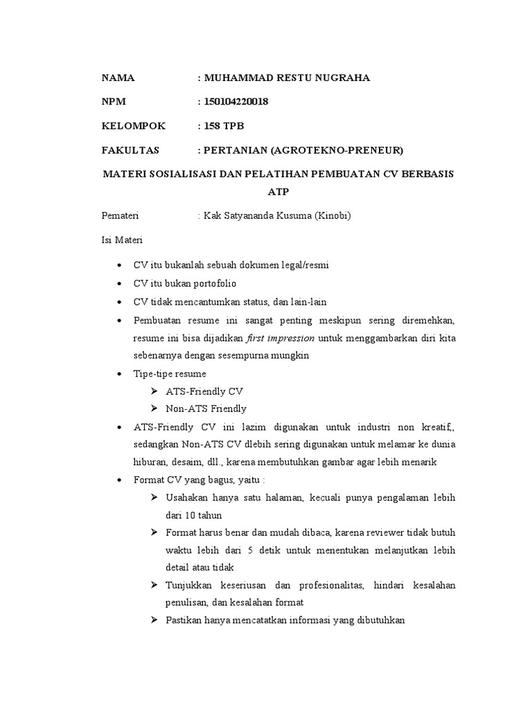 Resume Sosialisasi Pembuatan CV - Muhammad Restu Nugraha | PDF
