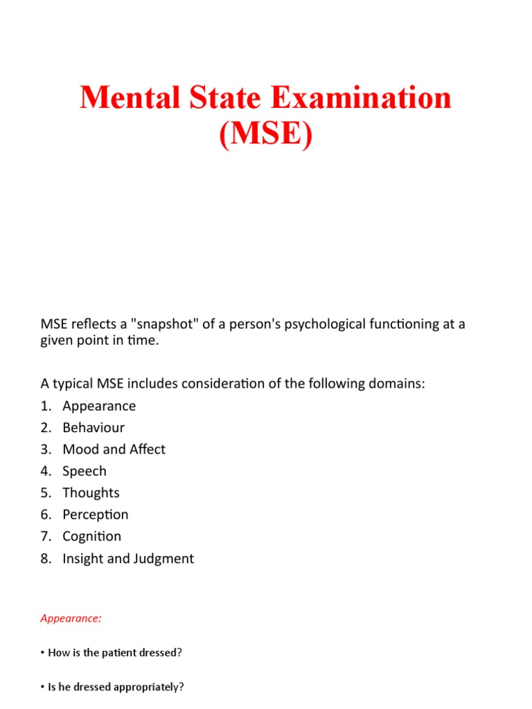 Mental State Examination (MSE) | PDF | Abnormal Psychology | Human ...