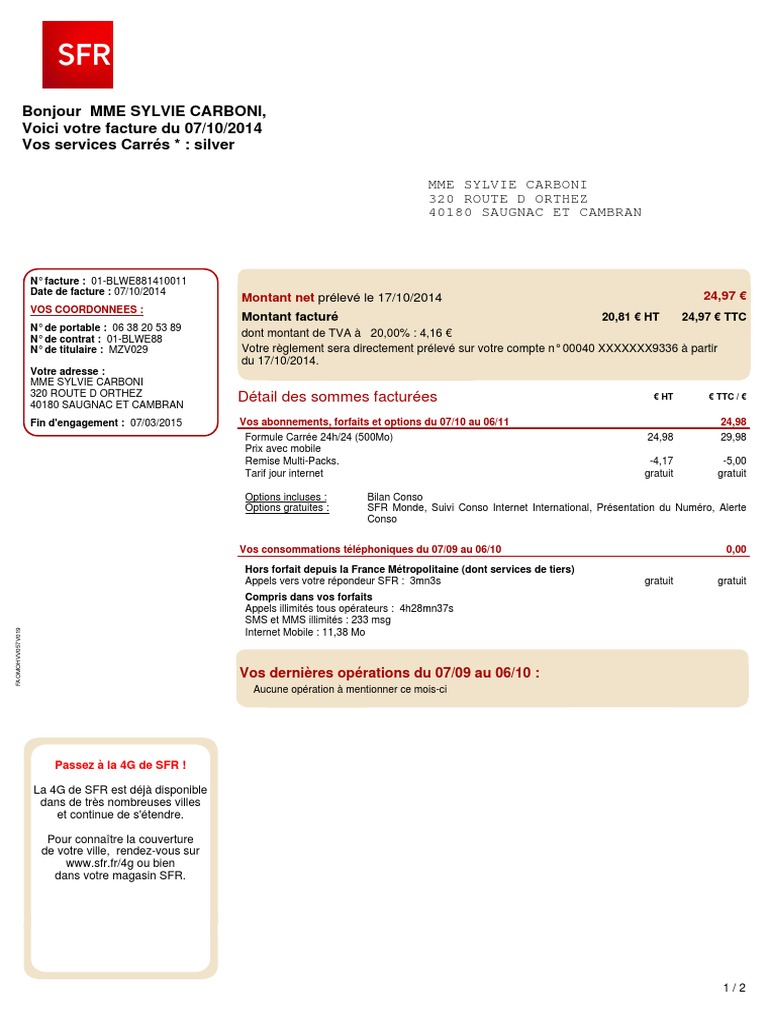 Facture SFR de MME Carboni - Octobre 2014 | PDF | Facture | Taxe sur la valeur ajoutée