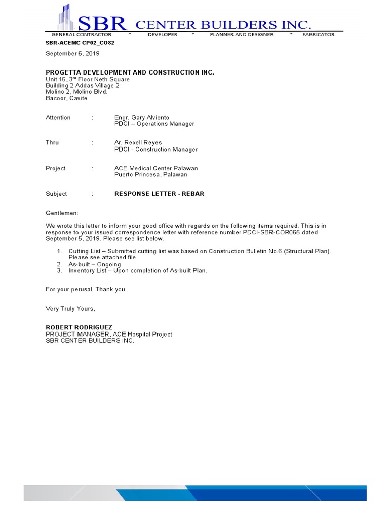 C082-Response Letter - Rebar | PDF | Business | Finance & Money Management