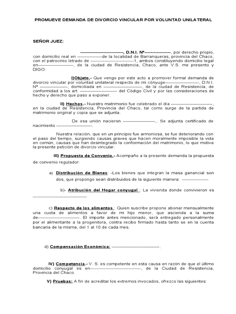 Modelo Demanda Divorcio Unilateral | PDF | Divorcio | Justicia