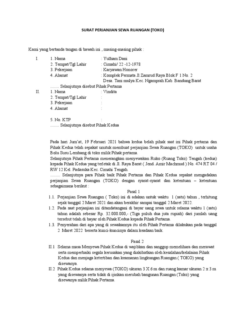 Surat Perjanjian Sewa Ruangan 1 | PDF