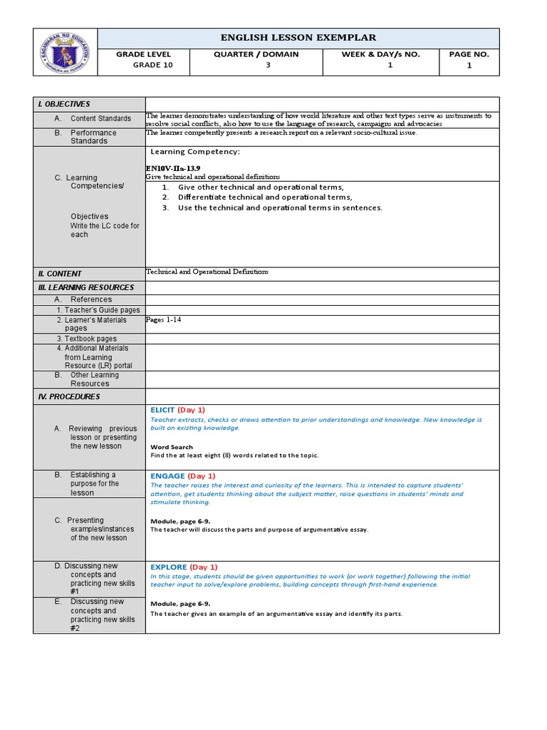 English Lesson Exemplar Cot 2 | PDF | Essays | Learning