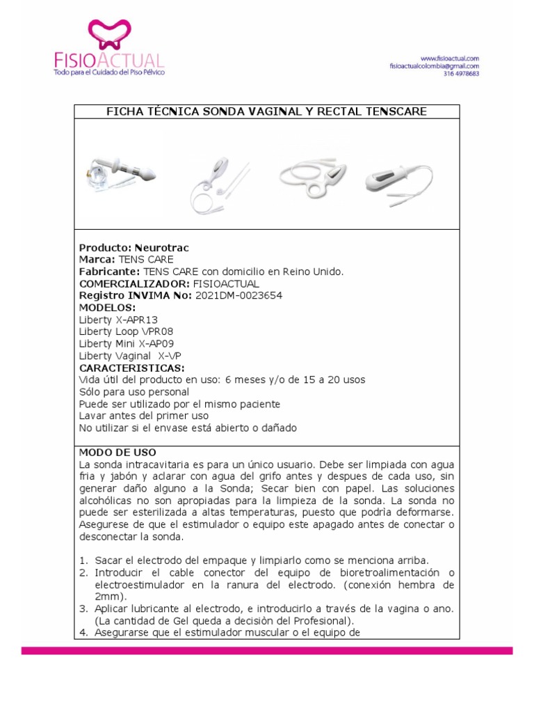 Ficha Técnica Sonda Vaginal y Rectal Fisioactual Tenscare | PDF | Vagina | Especialidades Medicas