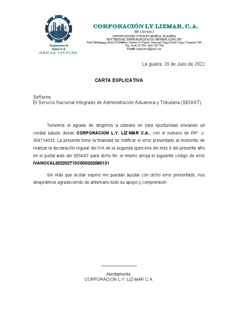 Carta Explicativa Seniat | PDF