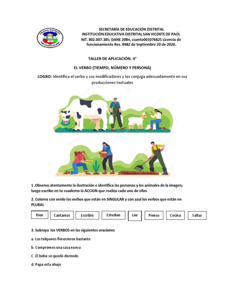 Taller El Verbo 4 Grado 23 06 2022 Pdf Verbo Morfología Lingüística