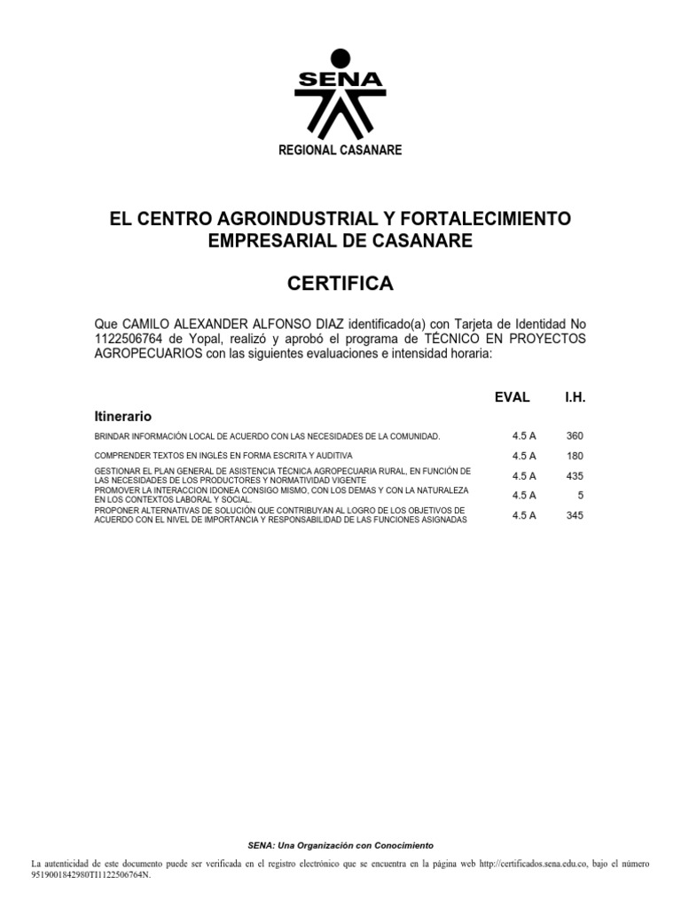 Notas Certificado Sena | PDF