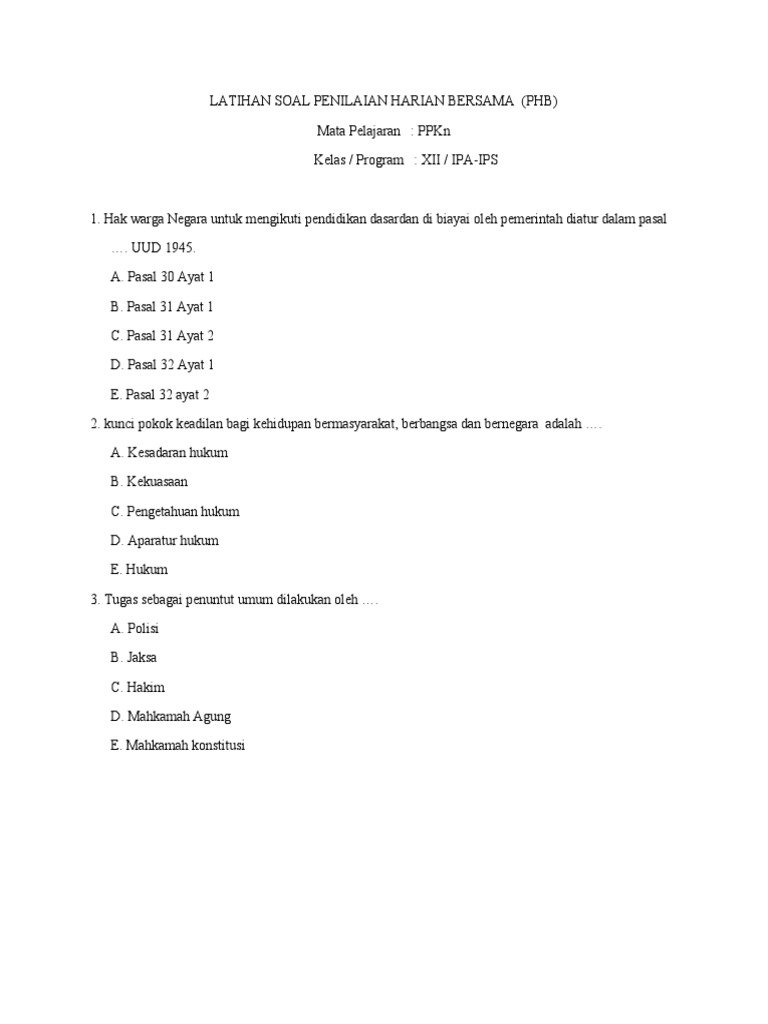 Latihan Soal PHB PPKN (2223) Kls Xii | PDF