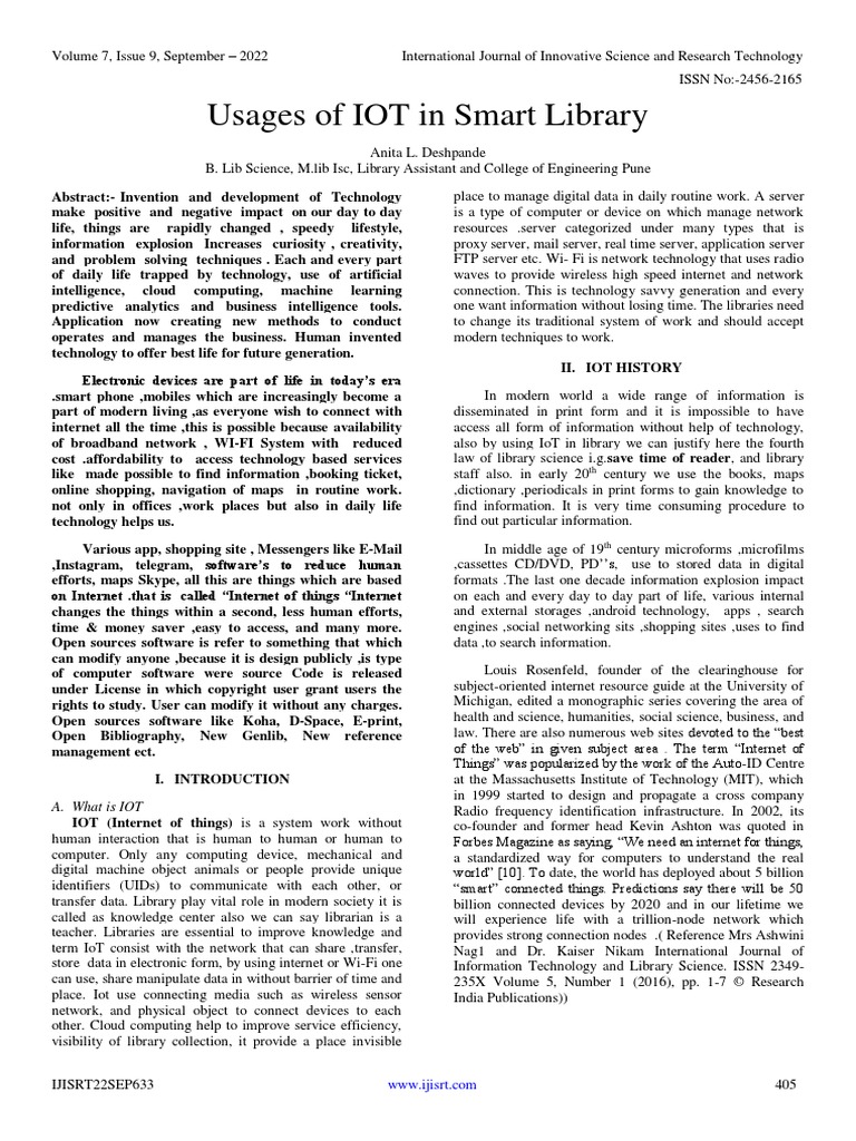 Usages of IOT in Smart Library | PDF | Internet Of Things | Libraries