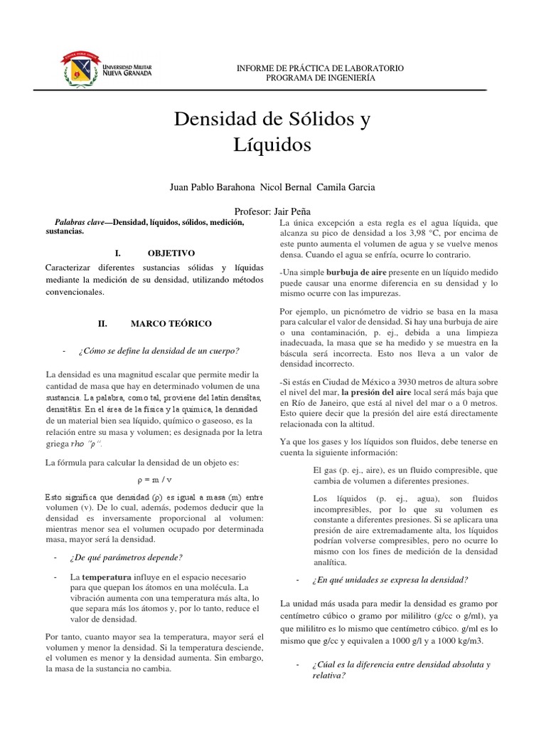 Densidad de Sólidos y Líquidos | PDF | Densidad | Gases