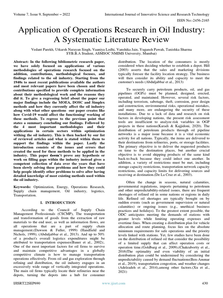 Application of Operations Research in Oil Industry A Systematic Literature Review | PDF ...