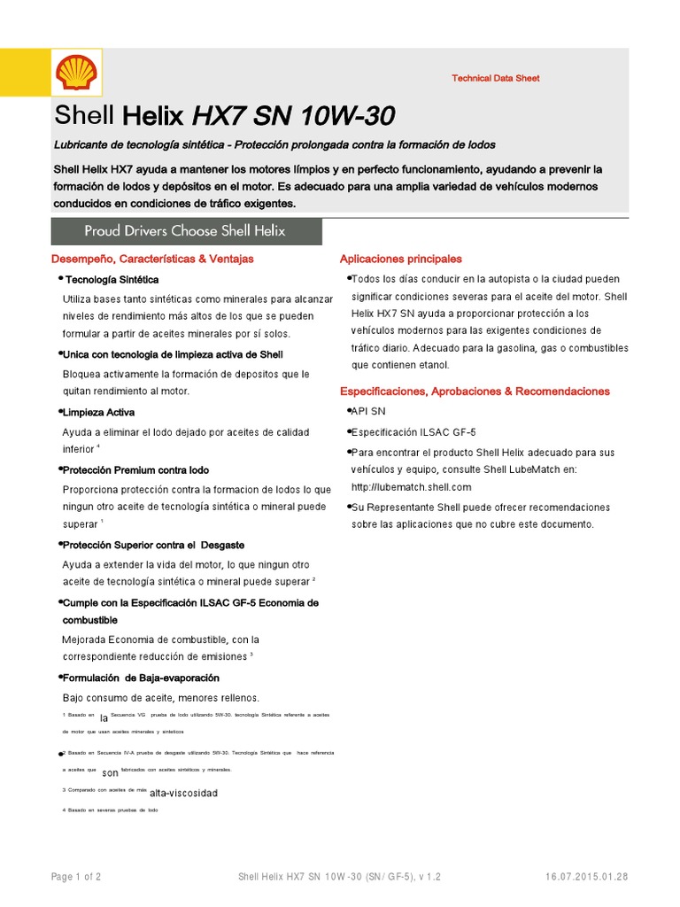 Data Sheet Shell SN 10w30 Xa | PDF | Petróleo