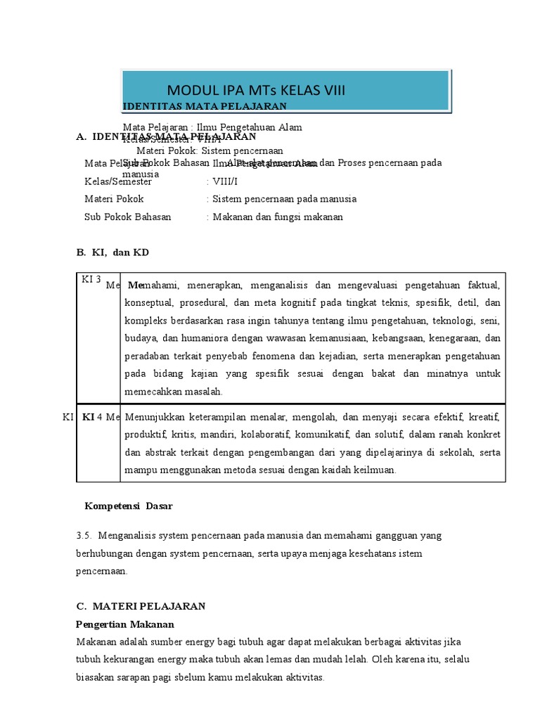 Modul Ipa Kelas Viii Maknan Dan Fungsi Makanan Via | PDF | Pengembangan ...