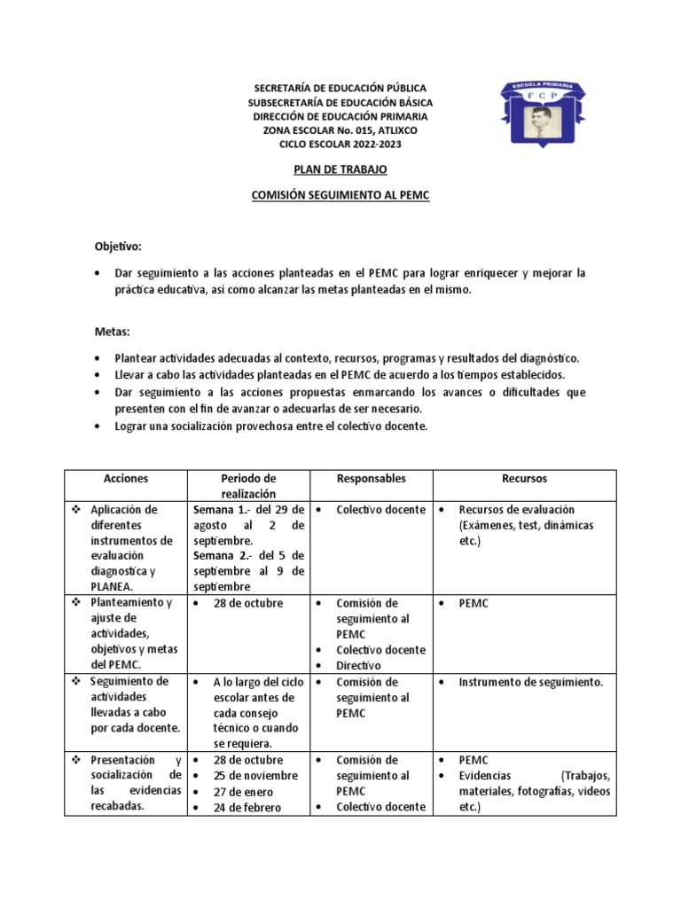 Plan de Trabajo Seguimiento Al PEMC | PDF | Evaluación | Maestros