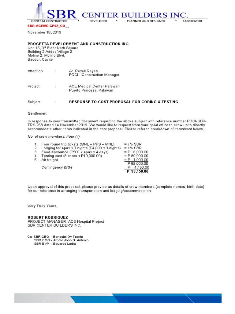 C116-Response Letter - Cost Proposal For Coring and Testing | PDF