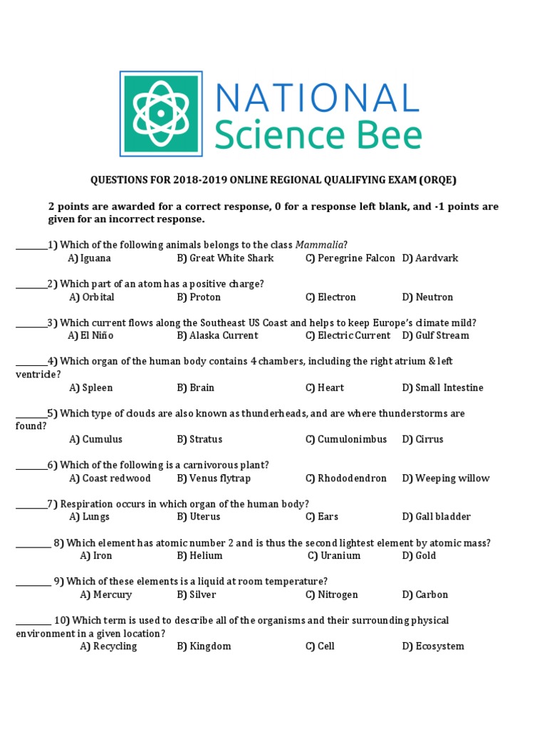 2018-2019 Online Regional Qualifying Exam (ORQE) - Questions | PDF ...