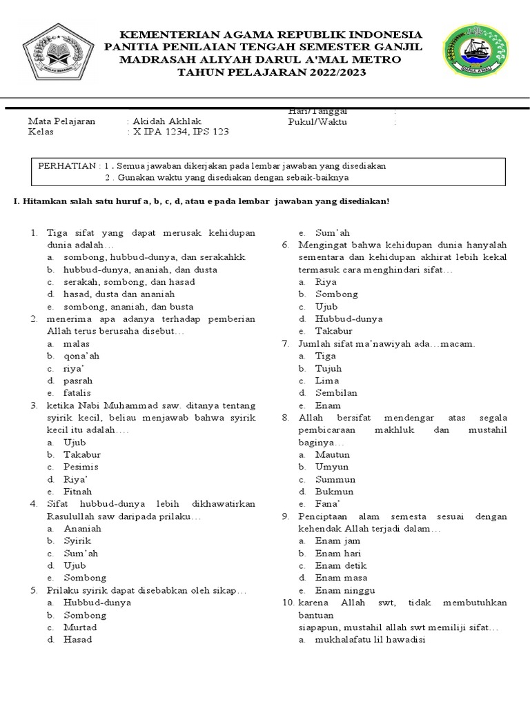 Kop Soal PTS Ganjil Tahun 2022-2023 | PDF