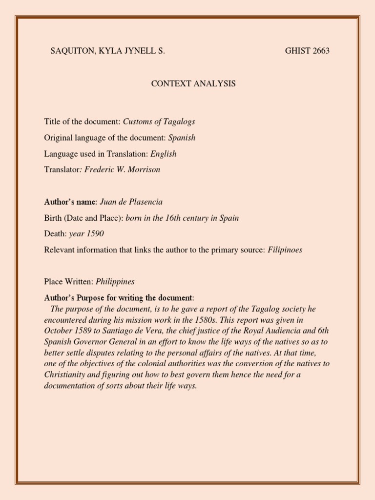 Content and Context Analysis - Customs of Tagalogs | PDF | Spanish Empire
