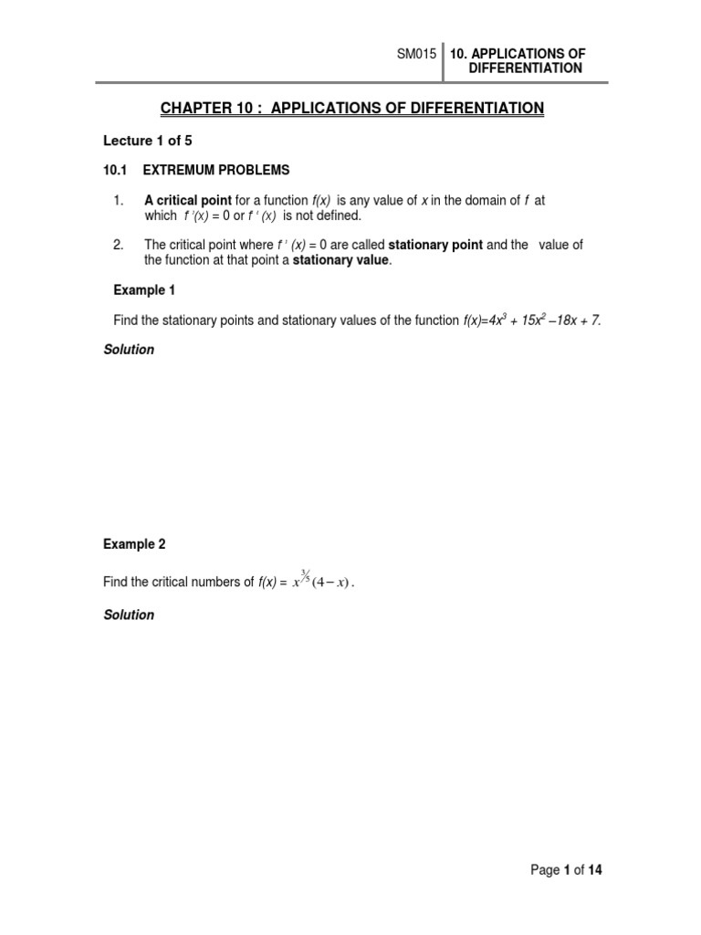 Chapter 10 Applications Of Differentiation Pdf Maxima And Minima