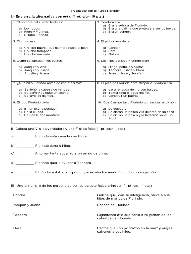 Prueba Plan Lector Lobo Florindo | PDF