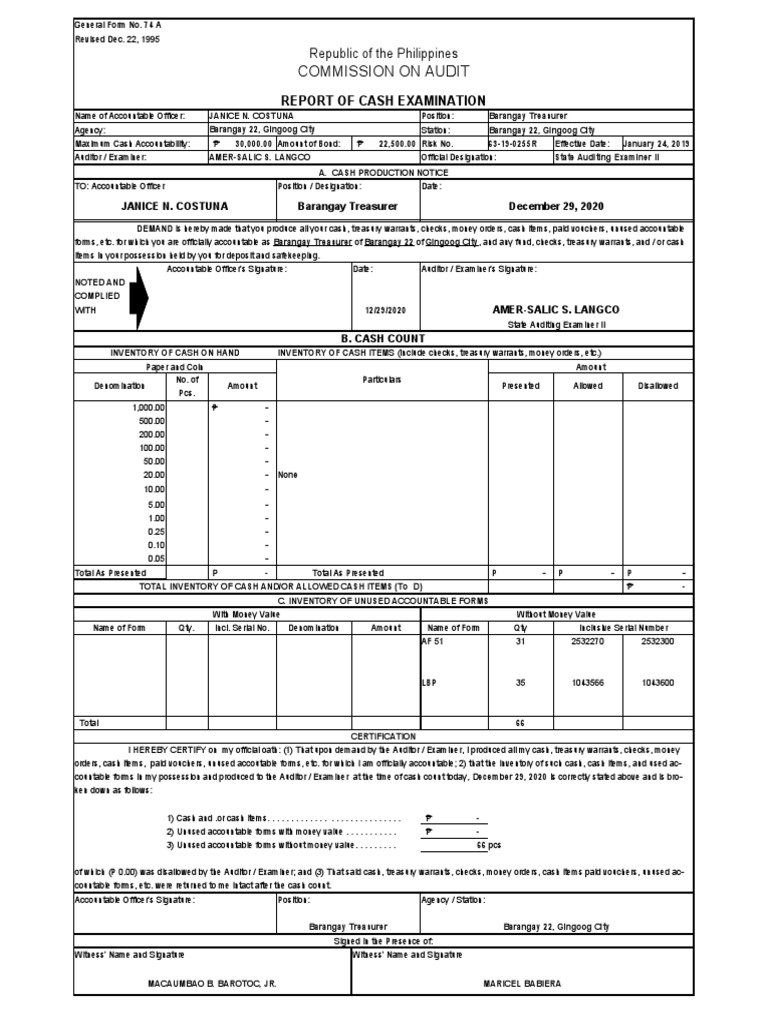 Cash Examination Janice N. Costuna Barangay 22 2018 Format | PDF ...