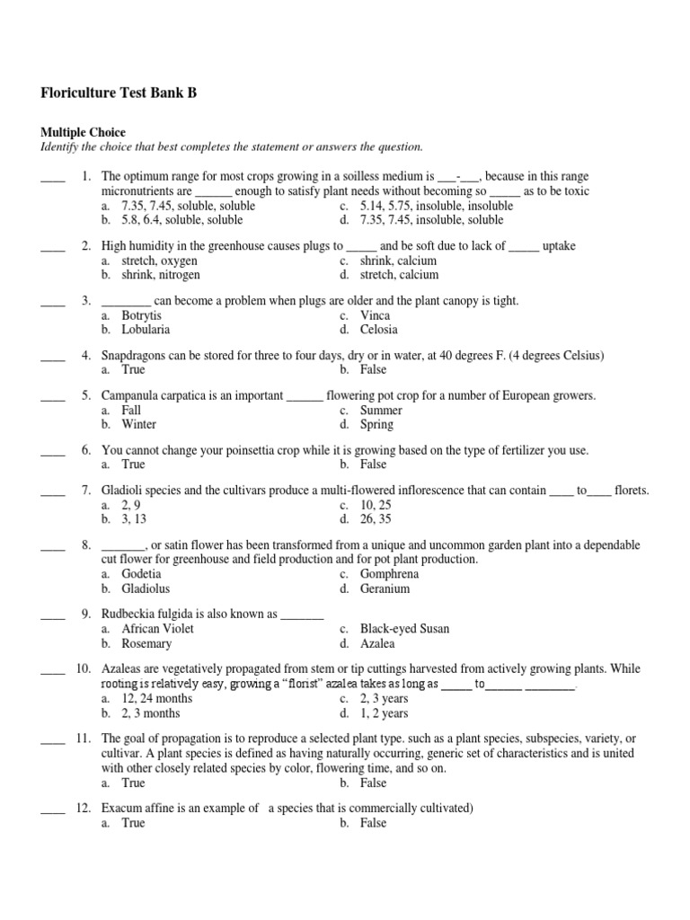 Floriculture Test Bank B | PDF | Photosynthesis | Petal