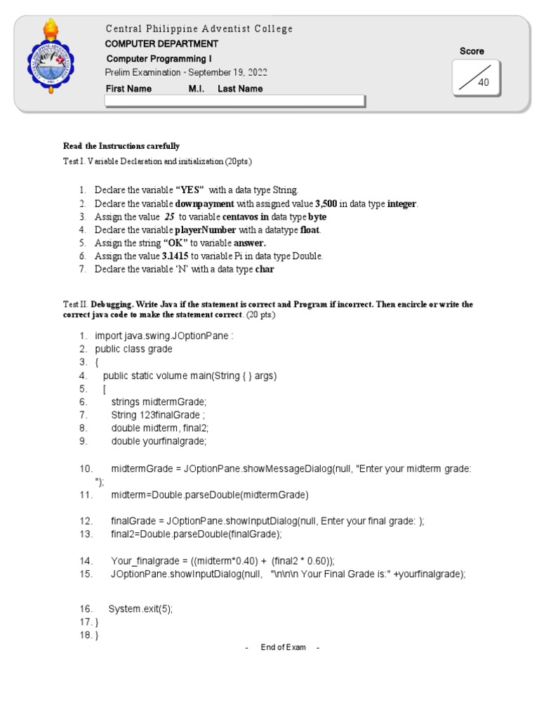 Prelim Exam Computer Programming I | PDF