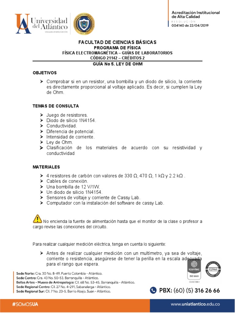 Experimento No 5 Ley De Ohm Pdf Resistor Diodo 8887